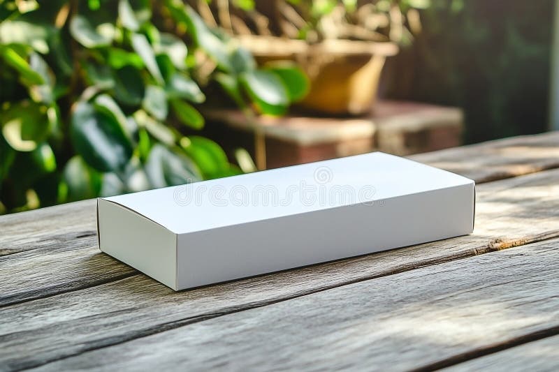 White Rectangular Box on Rustic Wood Table with Blurred Green ...