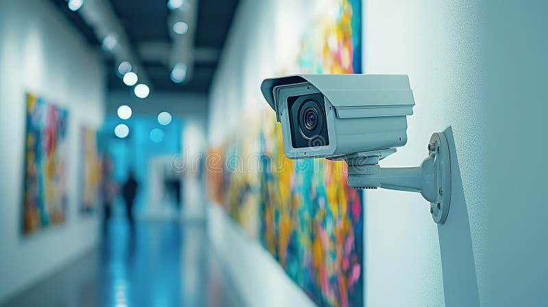 White Rectangular CCTV Camera in a Modern Art Gallery with Colorful ...