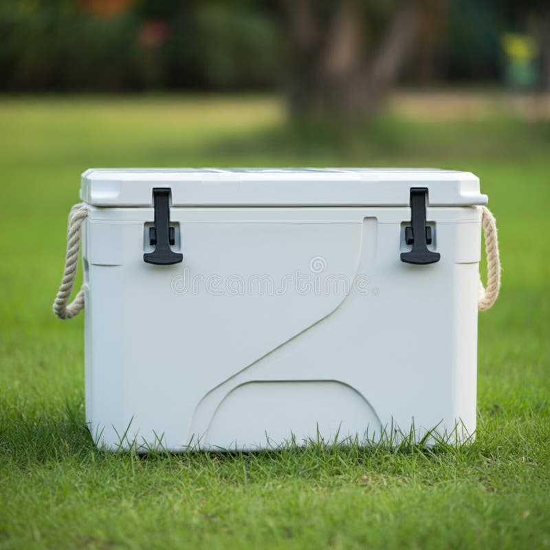 A White, Rectangular Cooler Sits on a Grassy Lawn. it Features a Sturdy ...