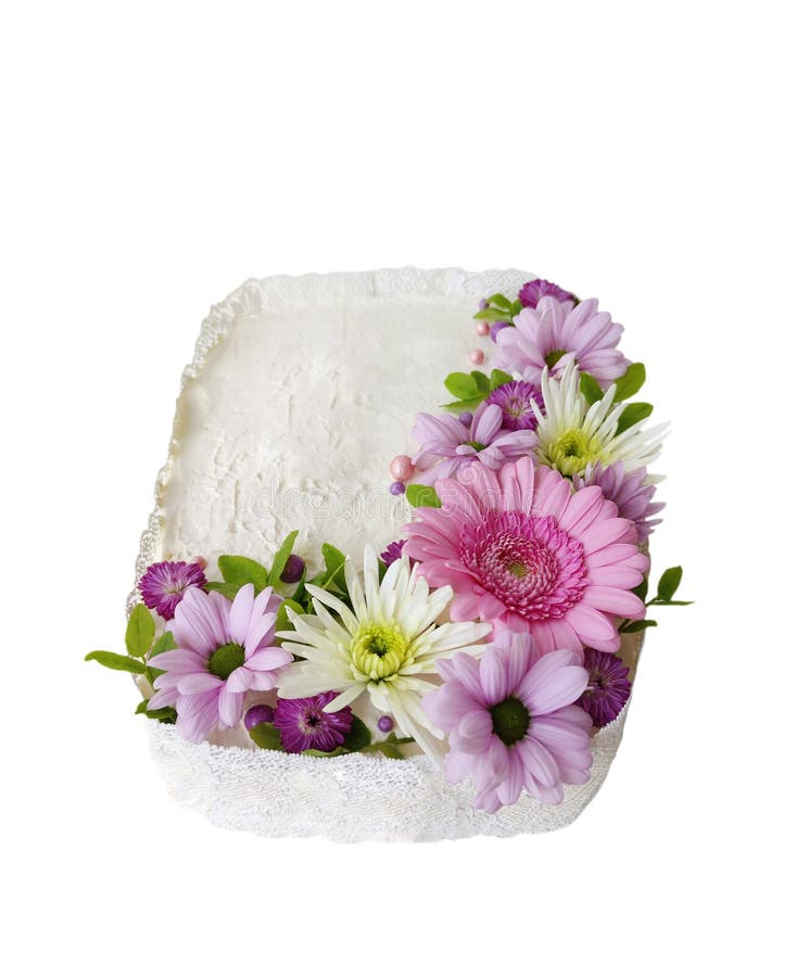 White Rectangular Cream Cake Decorated with Lace and Fresh Flowers ...