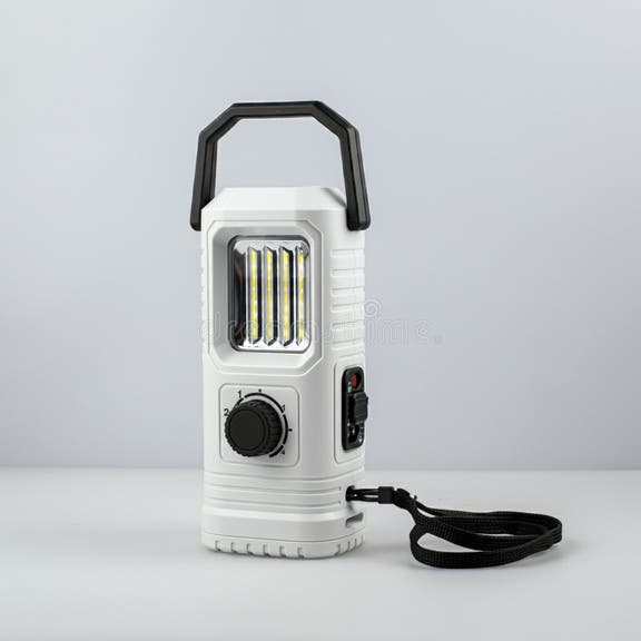 A White Rectangular LED Lantern with a Black Handle and Features. the ...