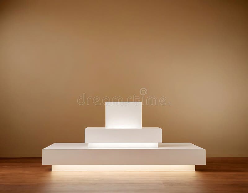 White Rectangular Platform with Backlighting on a Brown Background ...