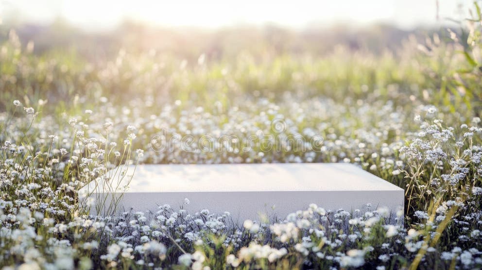 White Rectangular Platform in Meadow with Sunlit Wildflowers Stock ...