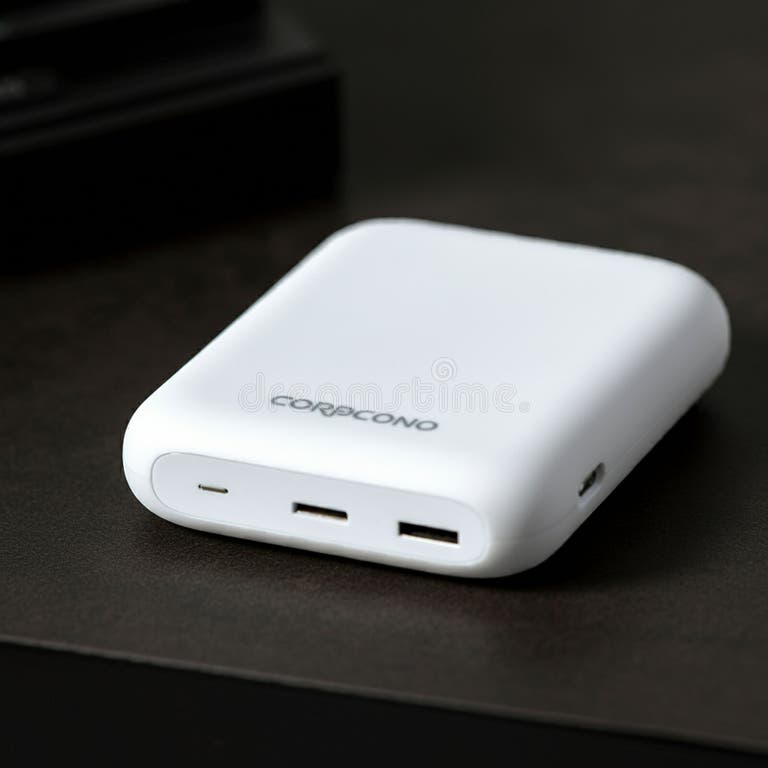 White Rectangular Power Bank with Rounded Edges, Placed on a Dark ...