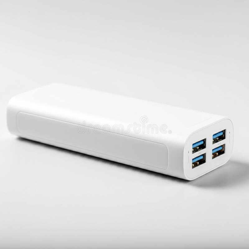White Rectangular Power Bank with Rounded Edges, Placed on a Light Gray ...