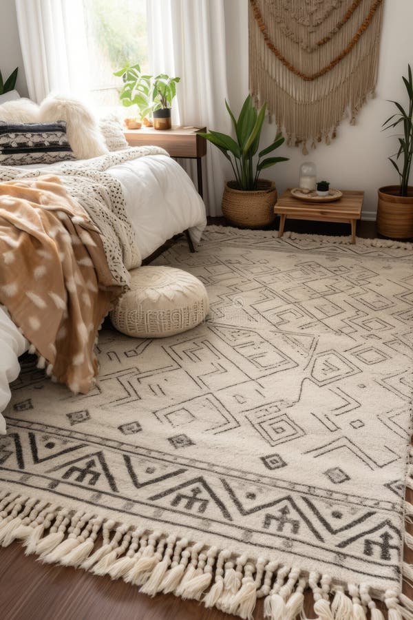White Rectangular Rug with Pattern on Floor in Bedroom, Created Using ...
