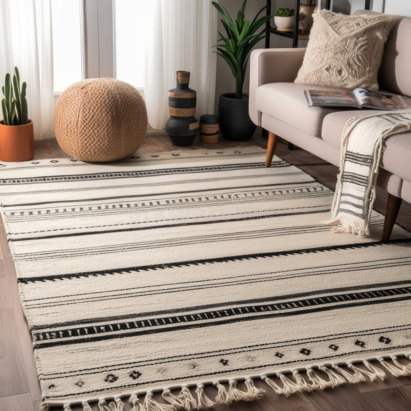 White Rectangular Rug with Pattern on Floor in Living Room, Created ...