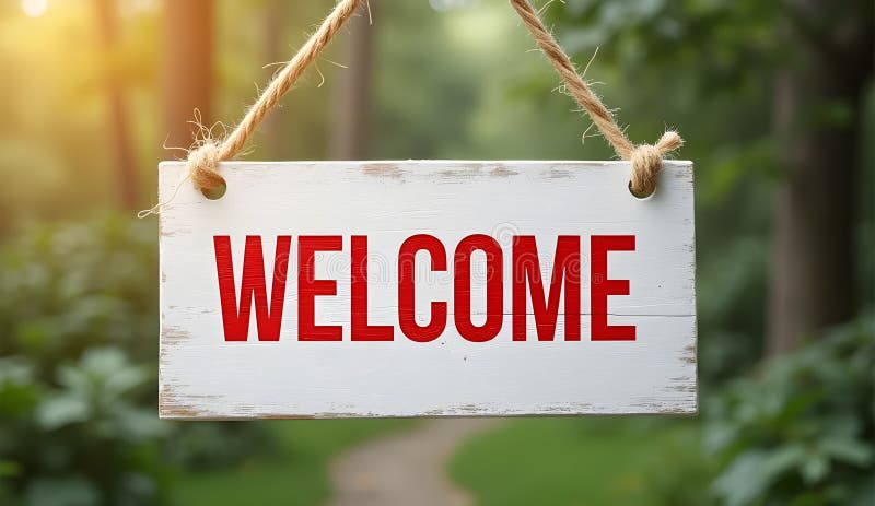 White Rectangular Sign with the Word Welcome Against a Blurred Nature ...