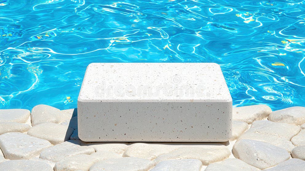 White Rectangular Stone on Poolside with Blue Water Background Stock ...