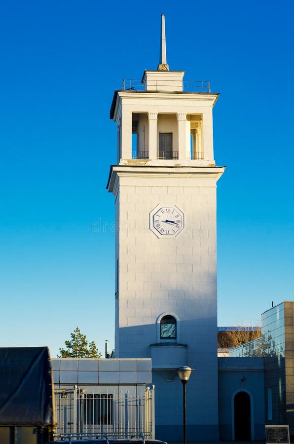 White rectangular tower stock photo. Image of right, spire - 65521318