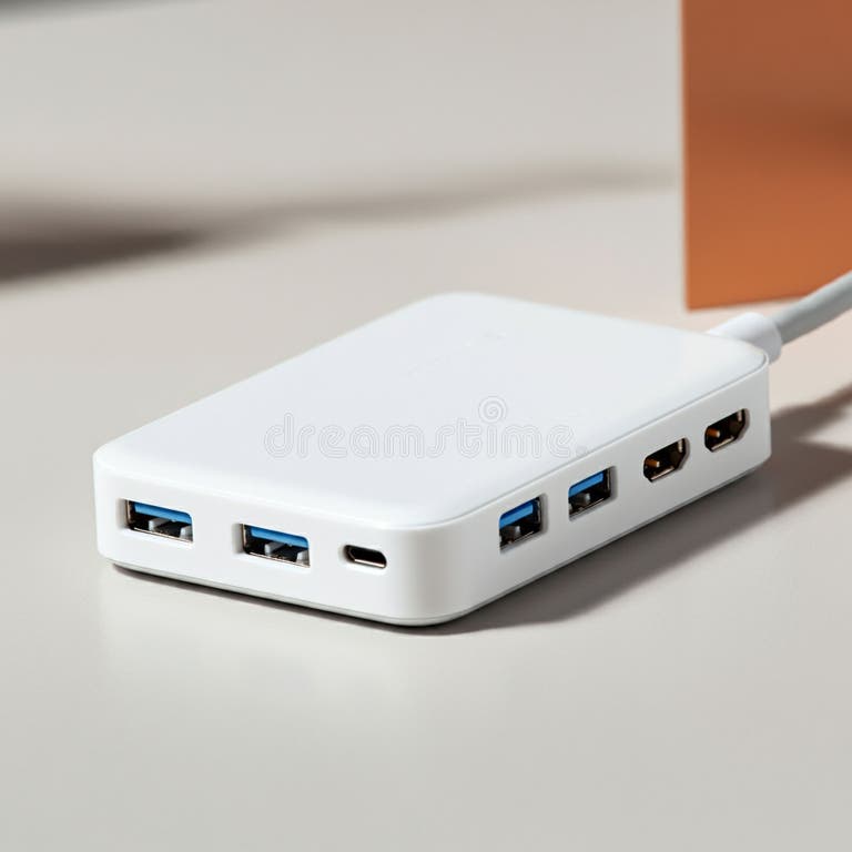 White Rectangular USB Hub with Multiple Ports, Including USB-a, USB-C, and HDMI, Stock ...