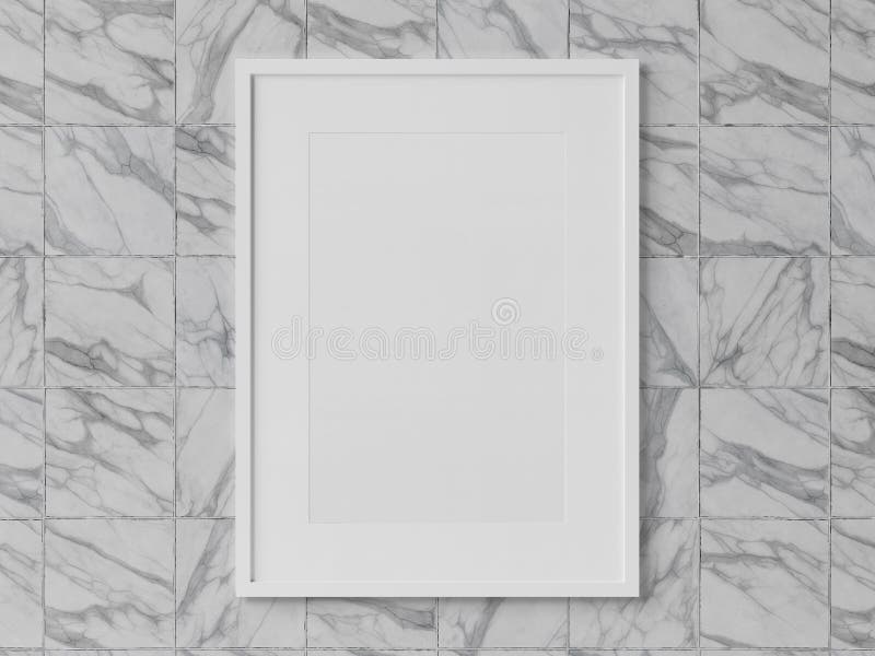 White Rectangular Vertical Frame Hanging on a Marble Wall Mockup 3D ...