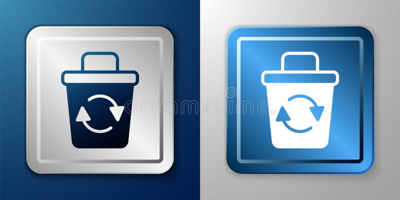 White Recycle Bin with Recycle Symbol Icon Isolated on Blue and Grey ...