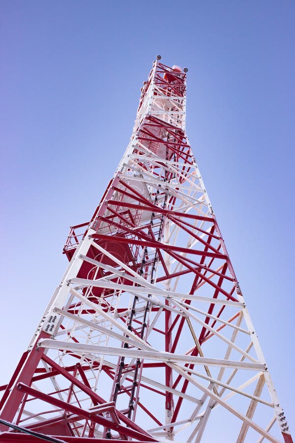 White-red Cell Tower or Mobile Tower on Blue Sky Shot from Bottom Stock ...