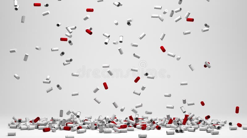 White and Red 3D Rendered 9mm Shell Casings Falling on Floor into a ...
