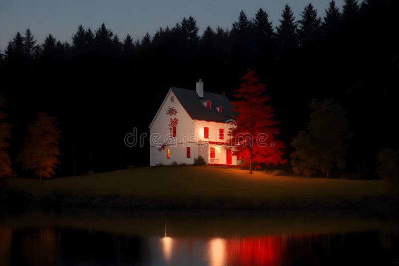 White and Red House Surrounded by Trees at Night Generated by Ai Stock ...