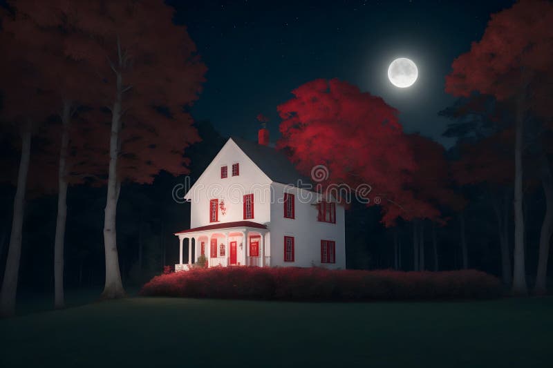 White and Red House Surrounded by Trees at Night Generated by Ai Stock ...