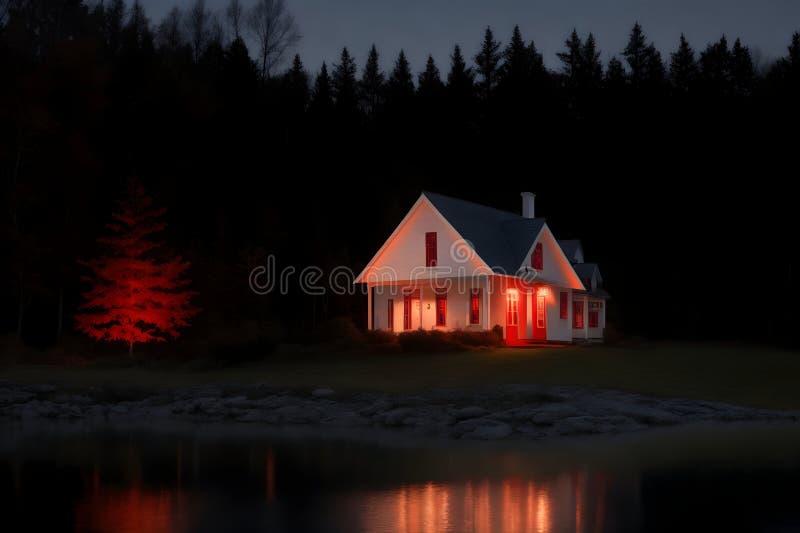 White and Red House Surrounded by Trees at Night Generated by Ai Stock ...