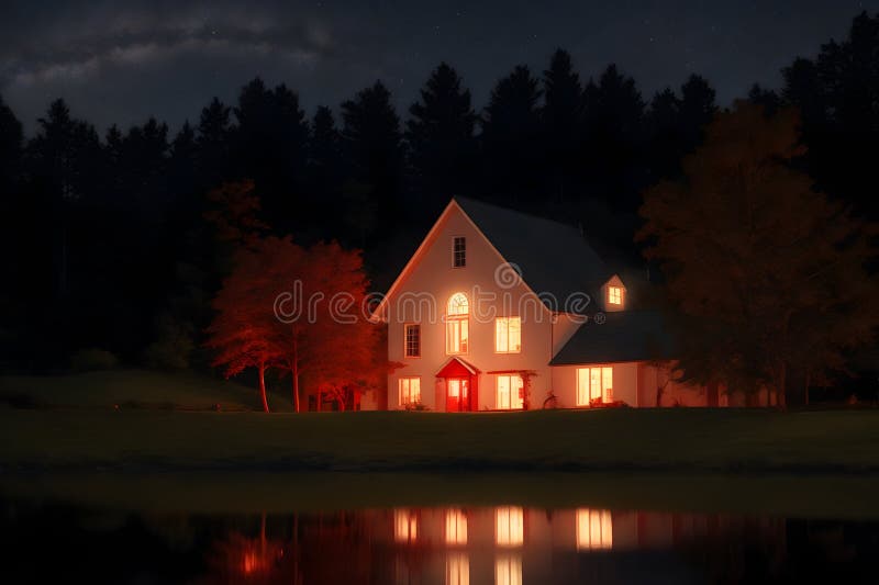 White and Red House Surrounded by Trees at Night Generated by Ai Stock ...