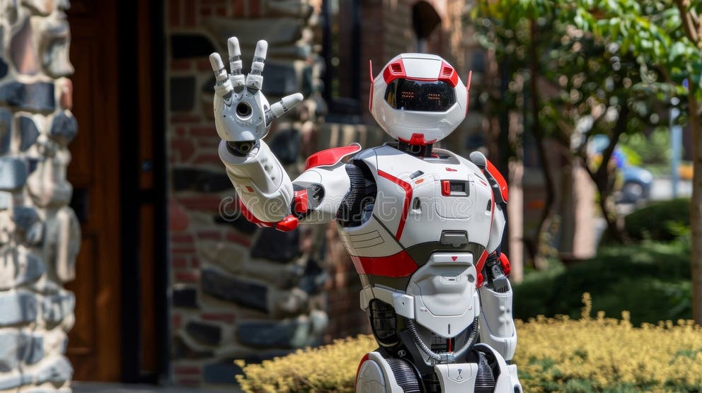 White and Red Humanoid Robot with Raised Arm in a Greeting Gesture in a ...