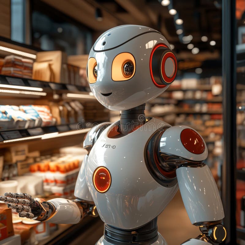 White and Red Humanoid Robot Selecting Items from Grocery Store Shelf ...