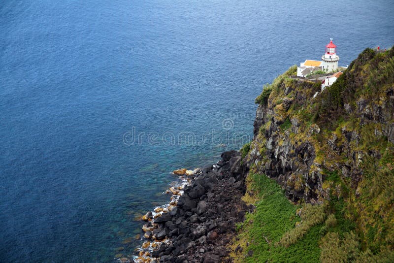 The White and Red Lighthouse on the Green Cliff Stock Photo - Image of ...