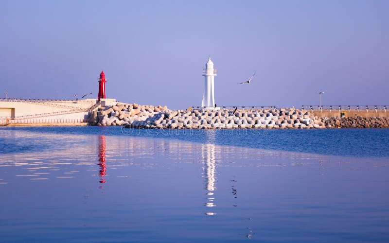White and Red Lighthouses on the Shore Reflected in Water Stock Photo ...