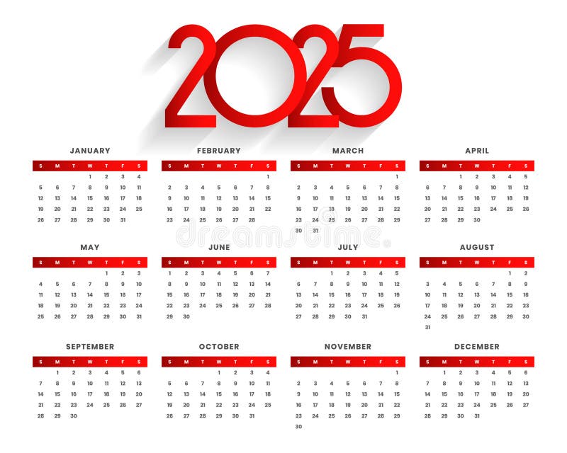 White Red 2025 Monthly Calendar Template Design Stock Vector ...
