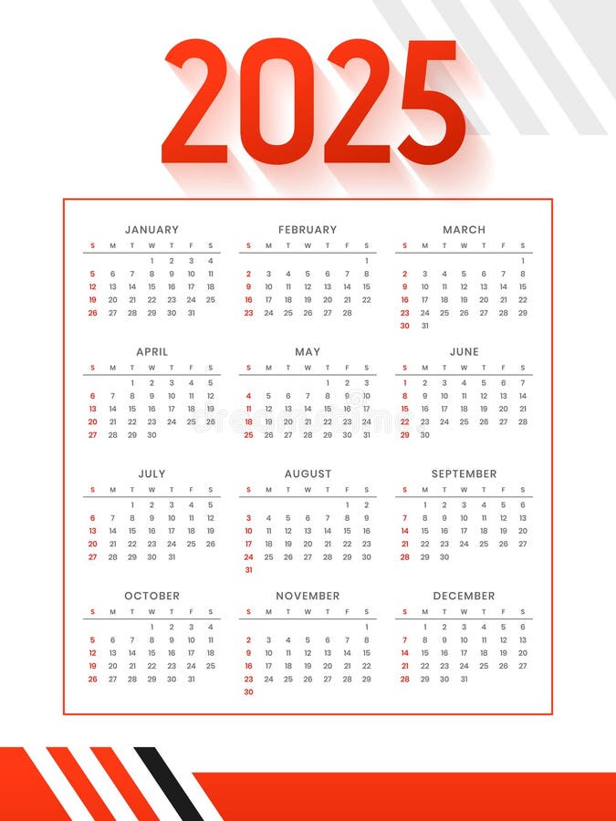 White Red 2025 Monthly Calendar Template Week Start Sunday Stock Vector ...