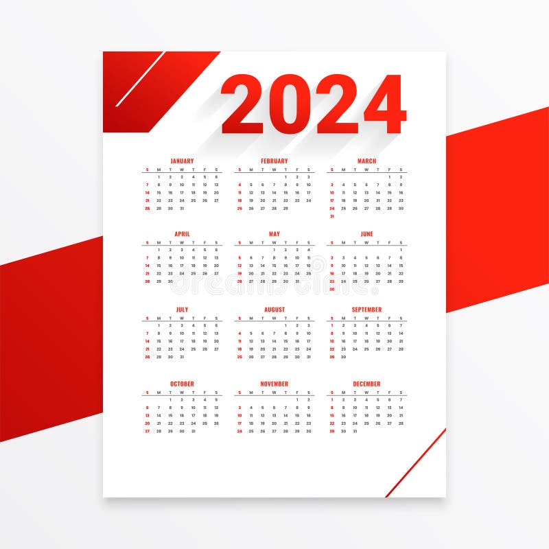 White and Red 2024 New Year Calendar Layout a Office Stationery Stock ...