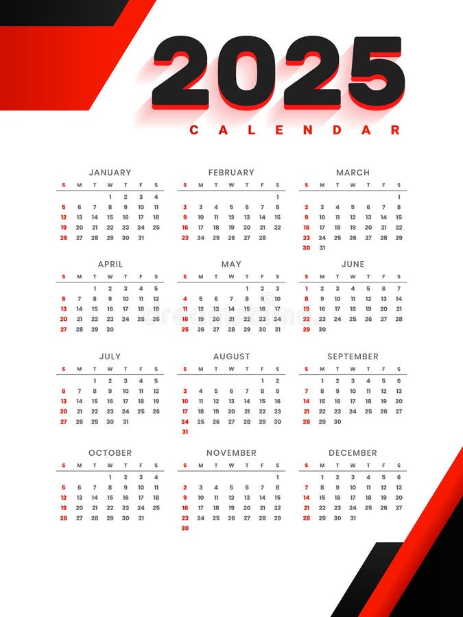White Red 2025 New Year Calendar Template Stock Vector - Illustration ...