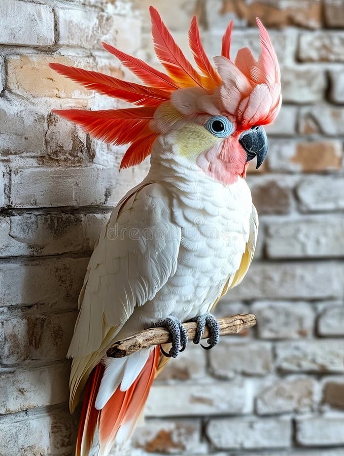 A White and Red Parrot Sitting on a Branch on a Brick Wall Stock Photo ...