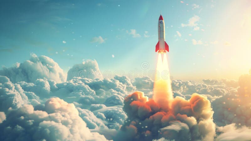 White and Red Rocket Launching into the Sky with Clouds. Concept of ...