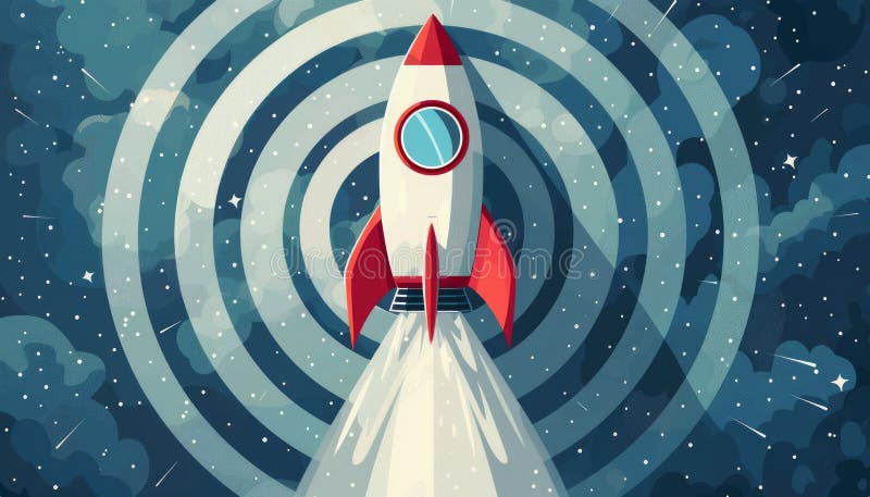 Vibrant Retro Futuristic Rocketship Launch in Night Sky Depicting ...