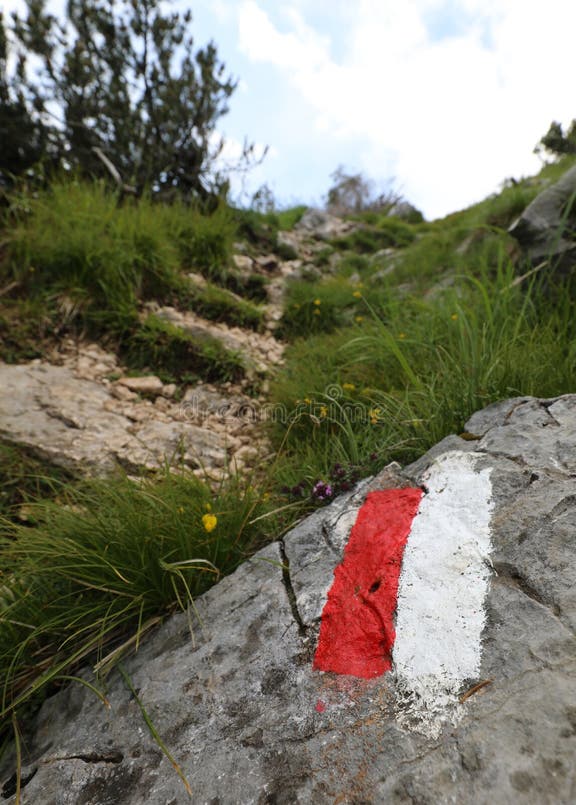 White and Red Sign in the Mountain Path Stock Photo - Image of mount ...
