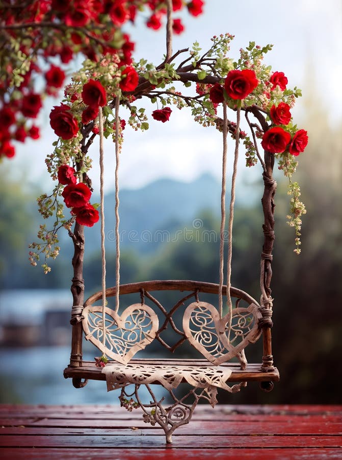 A White and Red Swing is Adorned with Flowers and Sits in Front of a ...