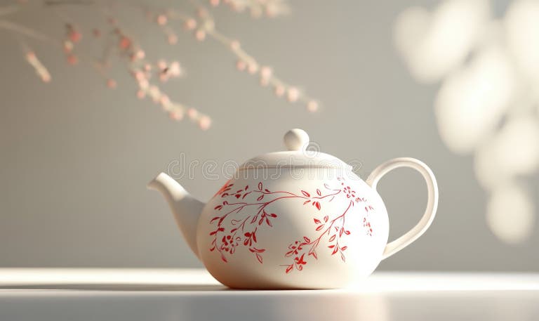 A White and Red Tea Pot with a Red Flower Design Stock Image - Image of ...