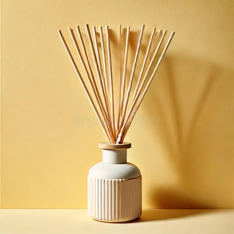White Reed Diffuser with Wooden Sticks on a Warm Yellow Backdrop Stock ...