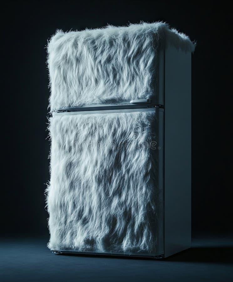 A White Refrigerator Covered in Fluffy White Fur on a Black Background ...