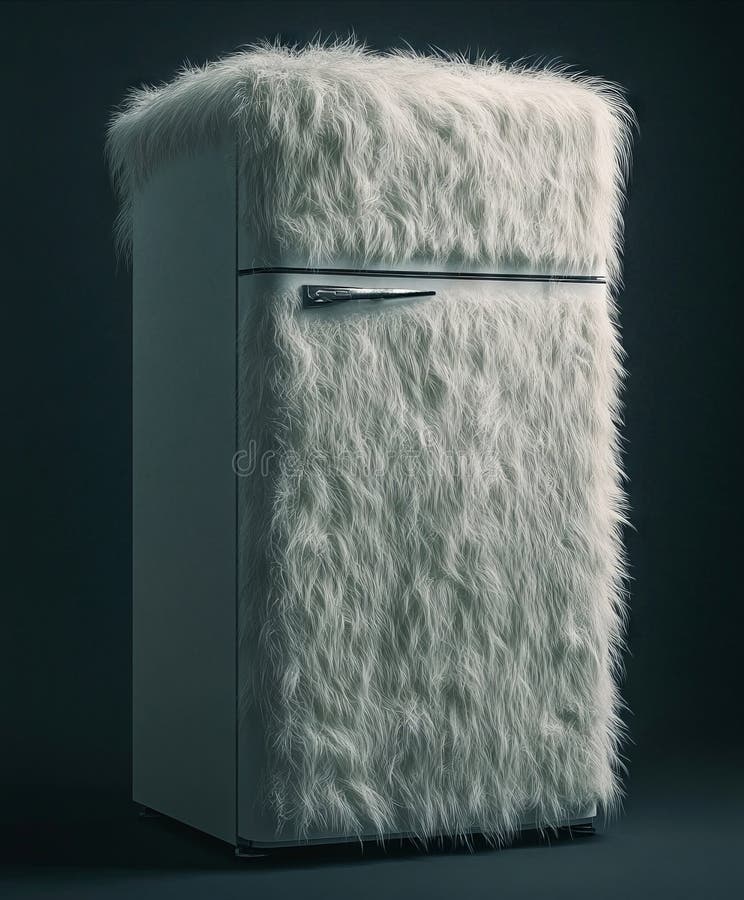 A White Refrigerator Covered in Fluffy White Fur on a Black Background ...