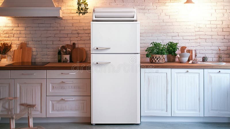 White Refrigerator Standing in a Modern Kitchen with Wooden Countertop ...