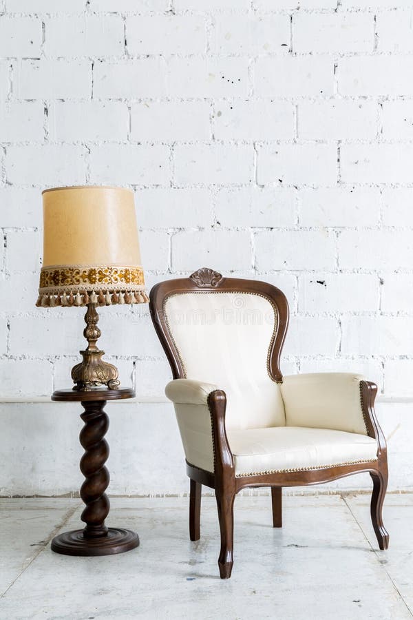 White Retro Chair with Lamp Stock Photo - Image of lamp, sofa: 53095196