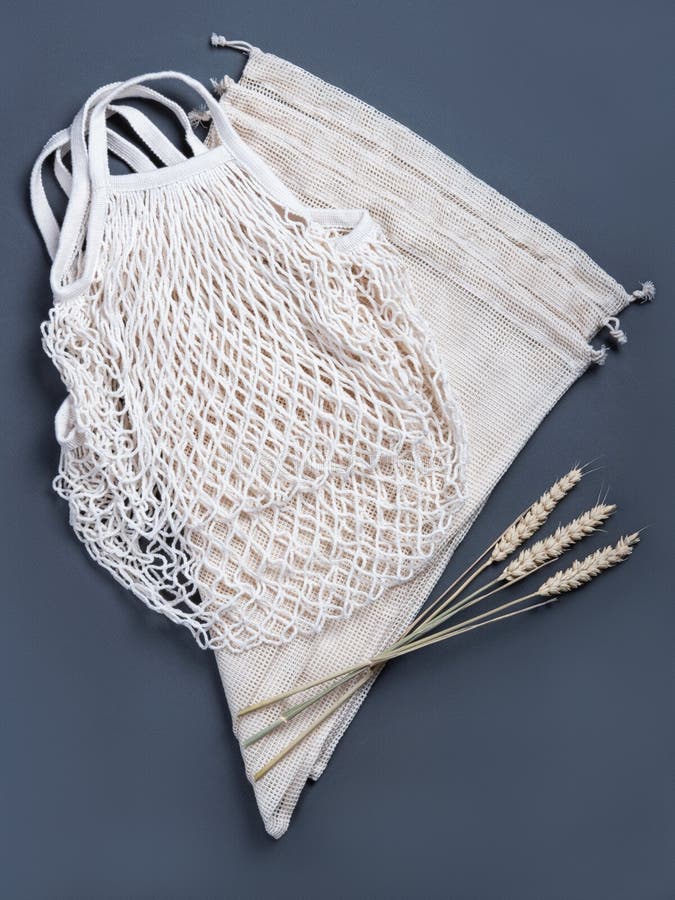 The White Reusable String Bags on the Grey Background with the Wheat ...