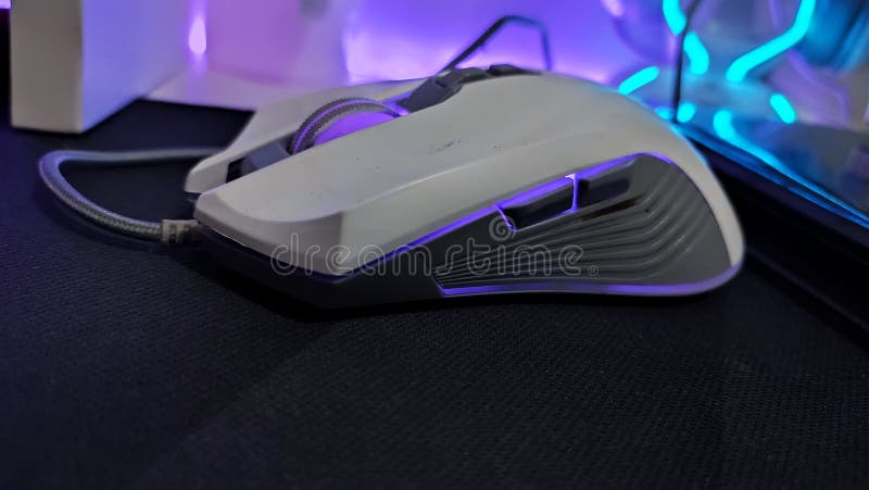 White RGB Gaming Mouse with Gray Cable in Use Stock Image - Image of ...