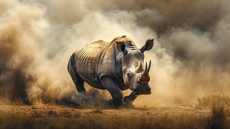 White Rhino Charging through Dusty Savanna Stock Photo - Image of ...