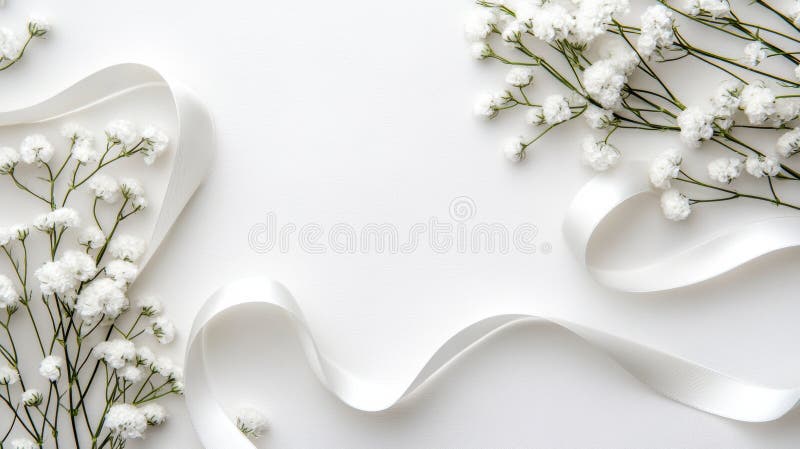A White Ribbon and Flowers on a Table with Space for Text, AI Stock ...