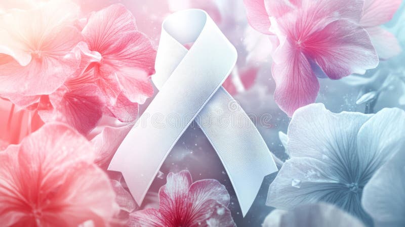 White Ribbon Hope Symbol among Delicate Flowers Stock Illustration ...