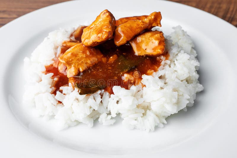 White Rice and Bbq Chicken on a Plate. Asian Style Food Stock Image ...