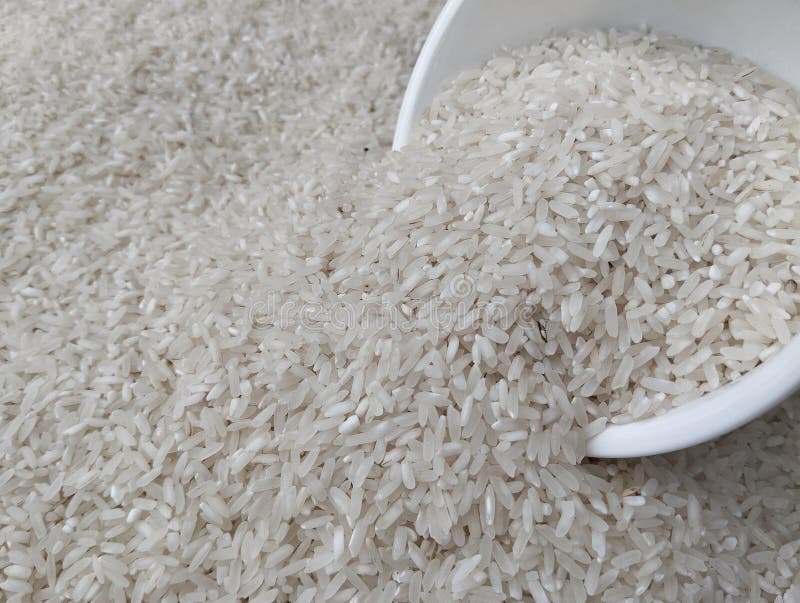 White Rice in Bowl with Rice Background. Asian Raw Food, High Angle ...