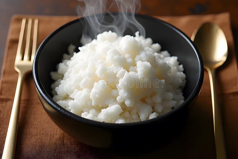White Rice in a Bowl, Black Plate, with Smoke Coming Out of the Hot ...